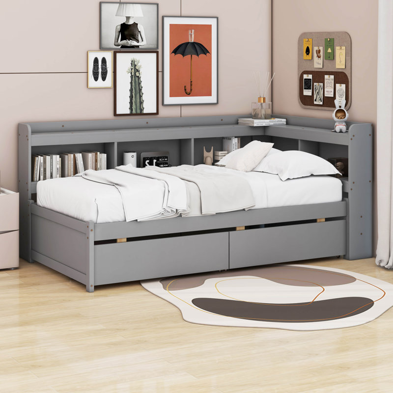 Alcott Hill® Twin Size Captains Corner L-Shaped Bed With 2 Drawers, Storage Bookcases Headboard ...